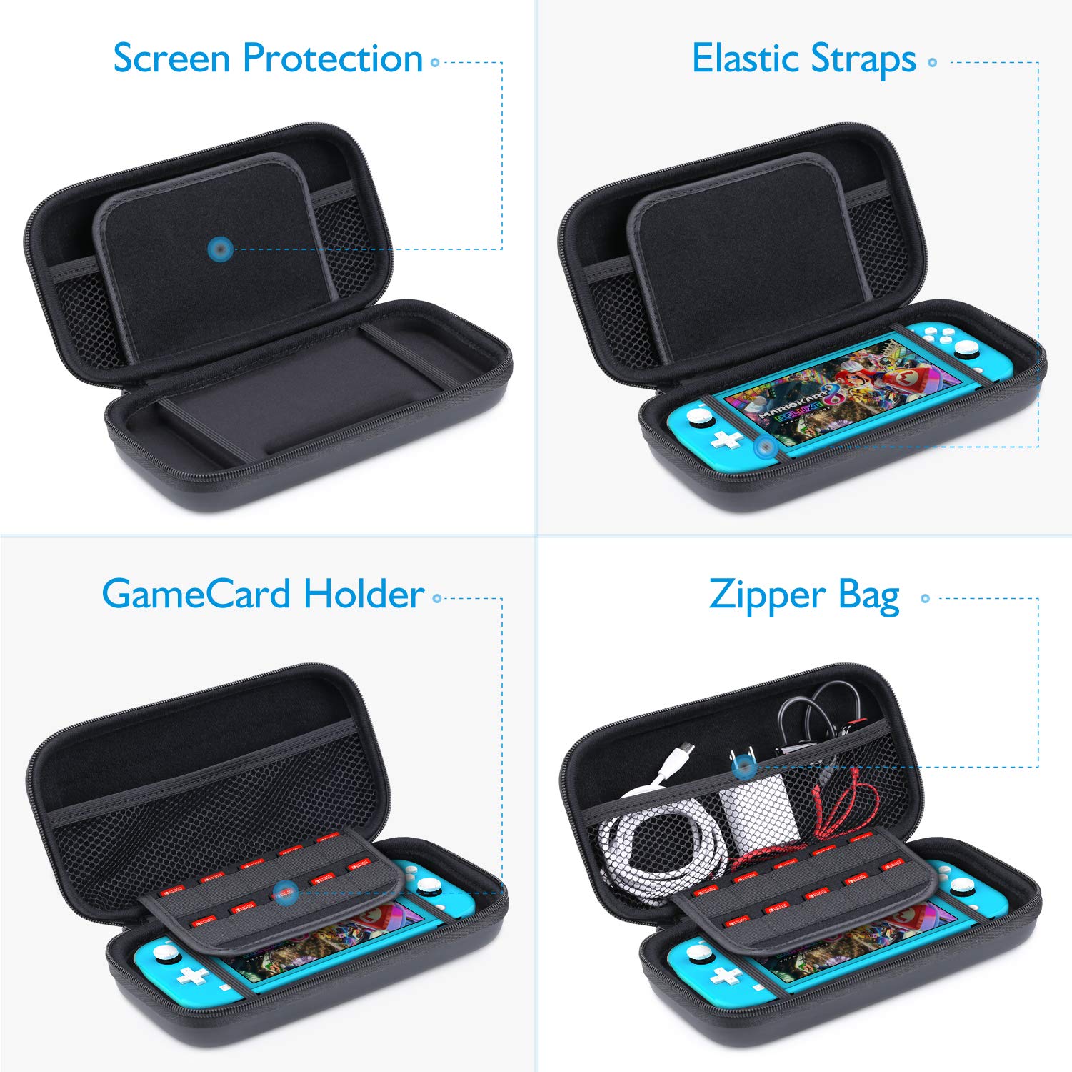 HEYSTOP Switch Lite Carrying Case with 2X Tempered Glass Screen Protector and 10 Games Card Storage for Nintendo Switch Lite Pouch Accessories Kits