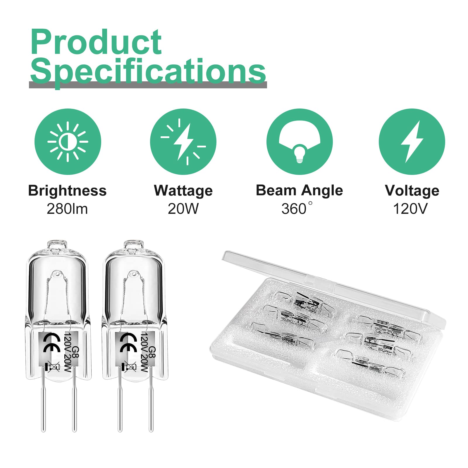 Jaenmsa G8 Halogen Light Bulbs,12 Pack 120V 20W G8 Bulbs Short 2 Pins JCD Type, T4 Bi-Pin Mini Light lamp for Under Cabinet Puck Lighting,Range Hood Replacement