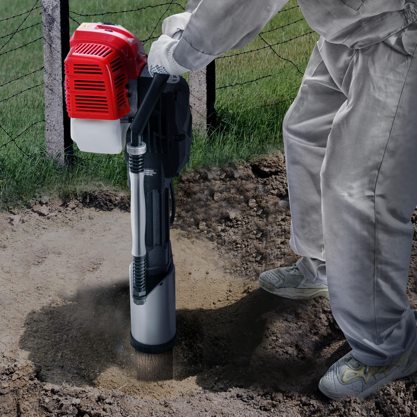 VEVOR 52cc Gas-Powered T Post Driver, 2-Stroke Engine Gasoline Fence Piling Pounder, 1300W Portable Piledriver with 3 Post Driving Head(49/69/100 mm), For Farm, Ranch Fencing, Road Improvements