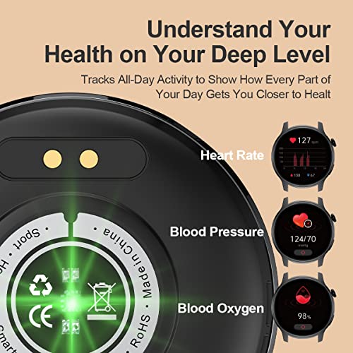 TOYCOD Smart Watch with Text & Call(Answer/Make), Bluetooth Fitness Tracker with 1.28β Round Touch Screen, IP68 Waterproof Heart Rate Blood Pressure Sleep Monitor, Activity Tracker, for Android iOS