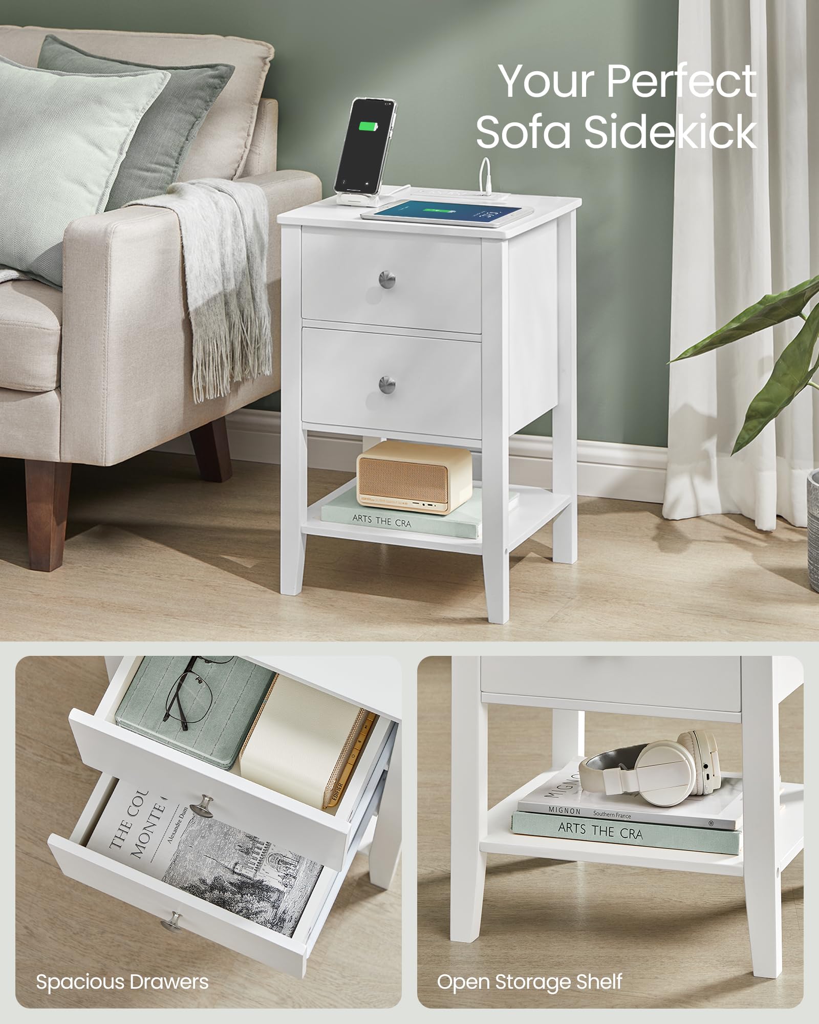 VASAGLE Bamboo Nightstand with Charging Station, Side End Table with 2 Drawers, Open Storage Shelf, Bedside Table, 2 USB Ports, 2 AC Outlets, Modern, for Bedroom, Cloud White ULET623W01V1