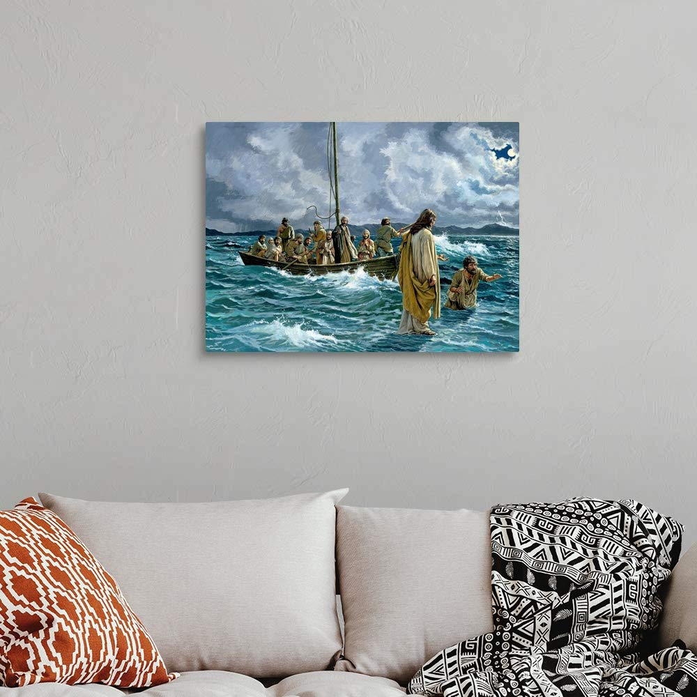 GREATBIGCANVAS Christ Walking on the Sea of Galilee Canvas Wall Art Print, Christian Home Decor Artwork, 30"x20"x1.5"