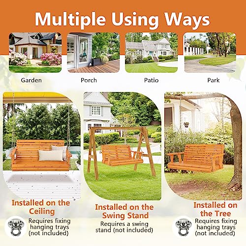 Tangkula 2 Person Hanging Porch Swing, Outdoor Bench Swing with Adjustable Chains, High Back, Cozy Armrests, Wooden Tree Swing Chair for Patio Backyard Deck Garden (Natural)