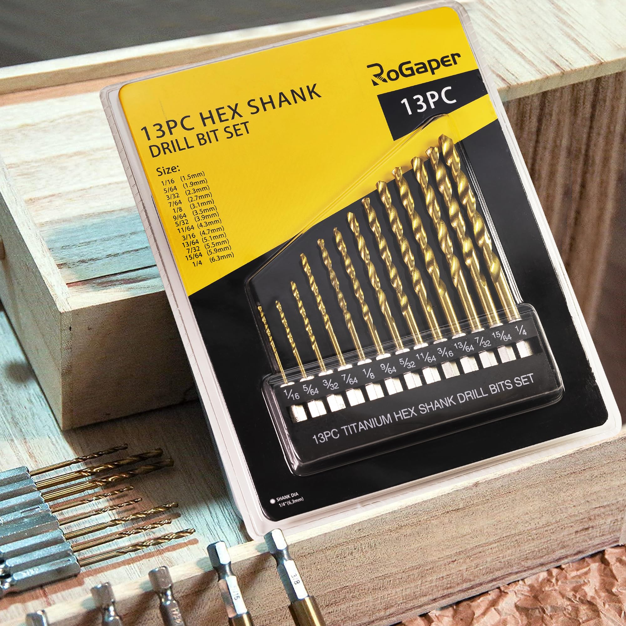ROGAPER 13 PCS Titanium Coated Hex Shank Drill Bit Set, HSS Twist Drill Bit Sets, Impact Driver Drill Bits for Wood, Steel, Metal, Plastic, Quick Change Design (1/16-1/4)