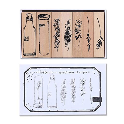 UCEC 7 Pieces Vintage Wooden Rubber Stamps, Plant and Flower Decorative Wooden Rubber Stamp Set, Wood Mounted Rubber Stamps for Card Making, DIY Crafts, Scrapbooking