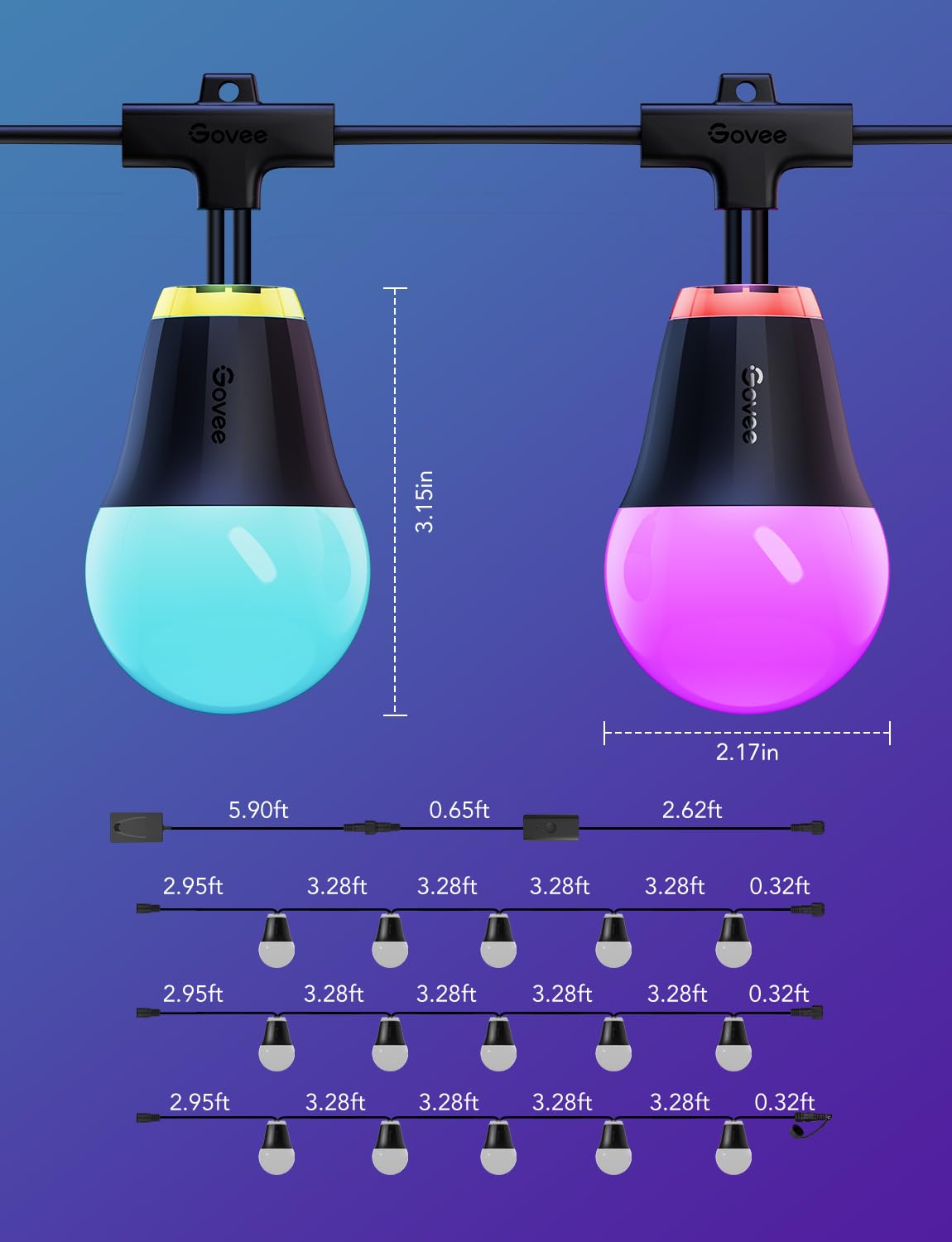 Govee Outdoor String Lights H1, 50ft RGBIC Outdoor Lights with 15 Dimmable Warm White LED Bulbs, Smart Outdoor Lights with 60 Scene Mode, IP65 Waterproof, Work with Alexa for Party, Daily Lighting