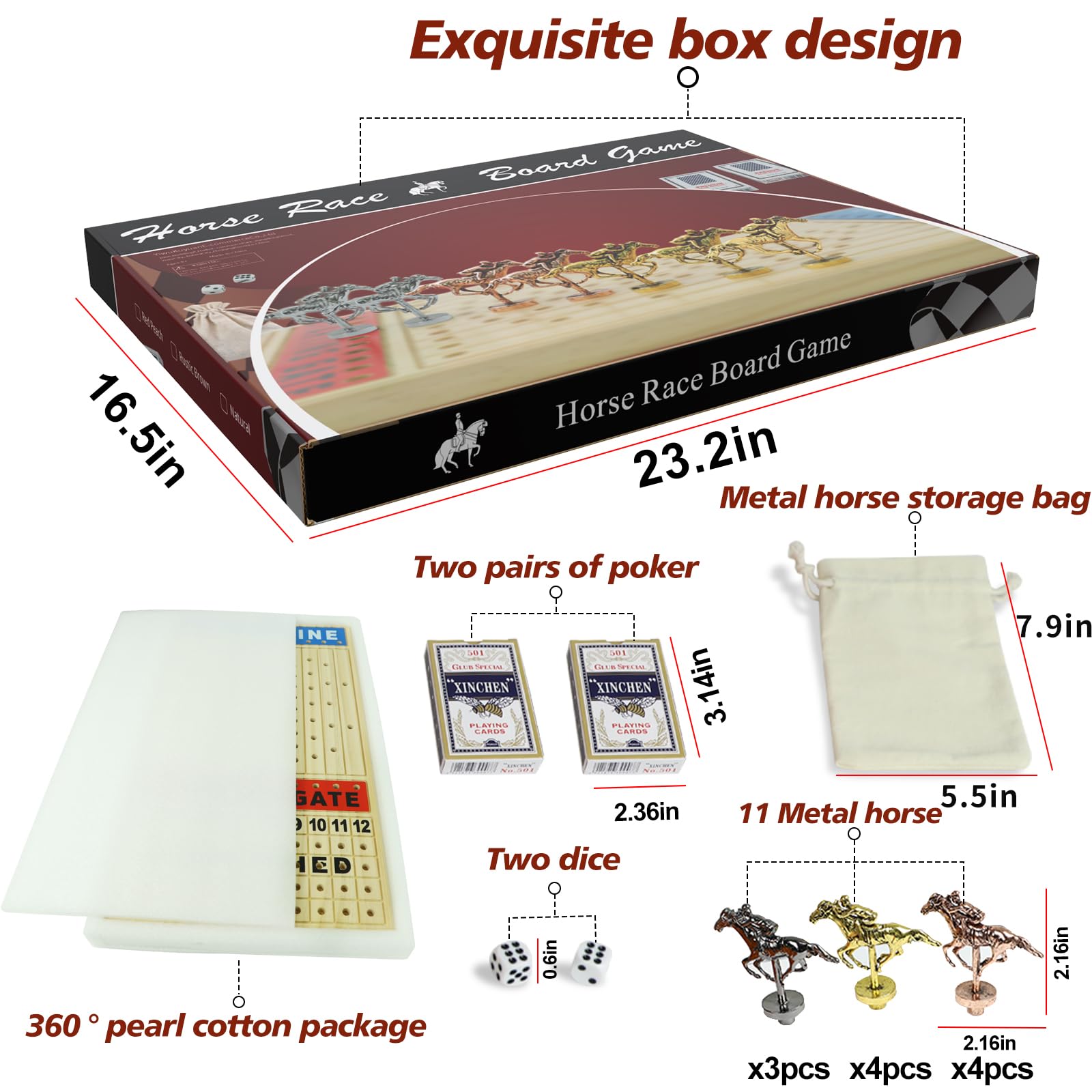 Grhonior Large 21 inches Horse Racing Board Game with 11 Luxury Metal Horses Thickened Wood Game Chessboard Including Dice and Cards FINISH LINE Race Game Board