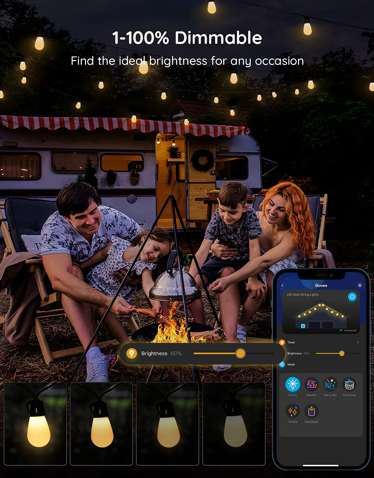 Govee Outdoor String Lights, 96ft WiFi Alexa String Lights with App Control, IP65 Waterproof Outdoor Lights with 30 Dimmable Warm White LED Bulbs for Balcony, Backyard, Party