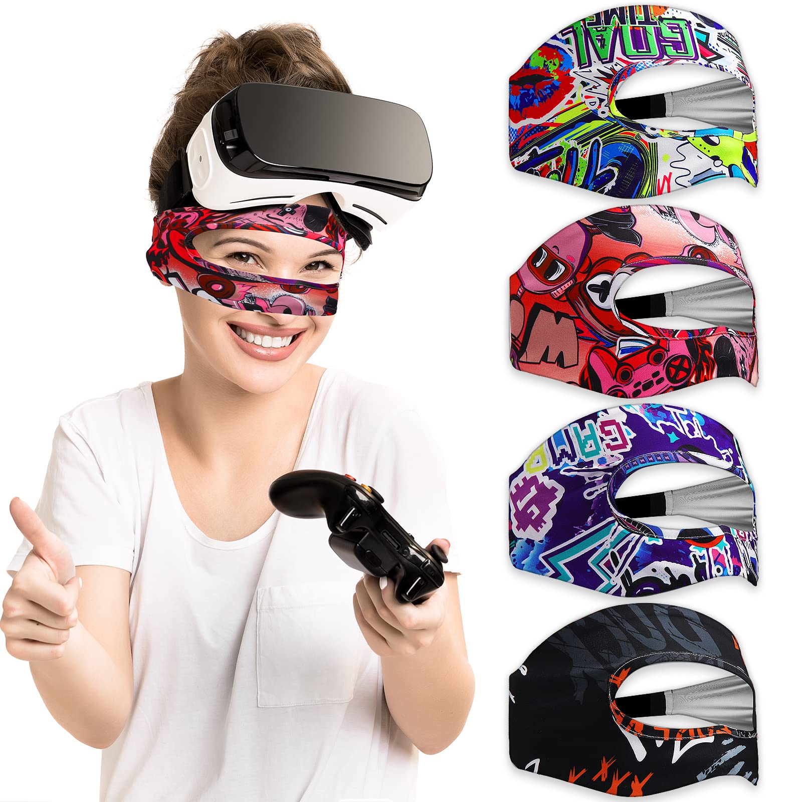 i-FSK VR Masks Sweat Band for Oculus Quest 2 Accessories, VR Eye Mask Cover Adjustable for VR Headsets, Breathable Facemask for Occulusquest2 Virtual Reality Workouts Supernatural, 4 Pack Graffiti
