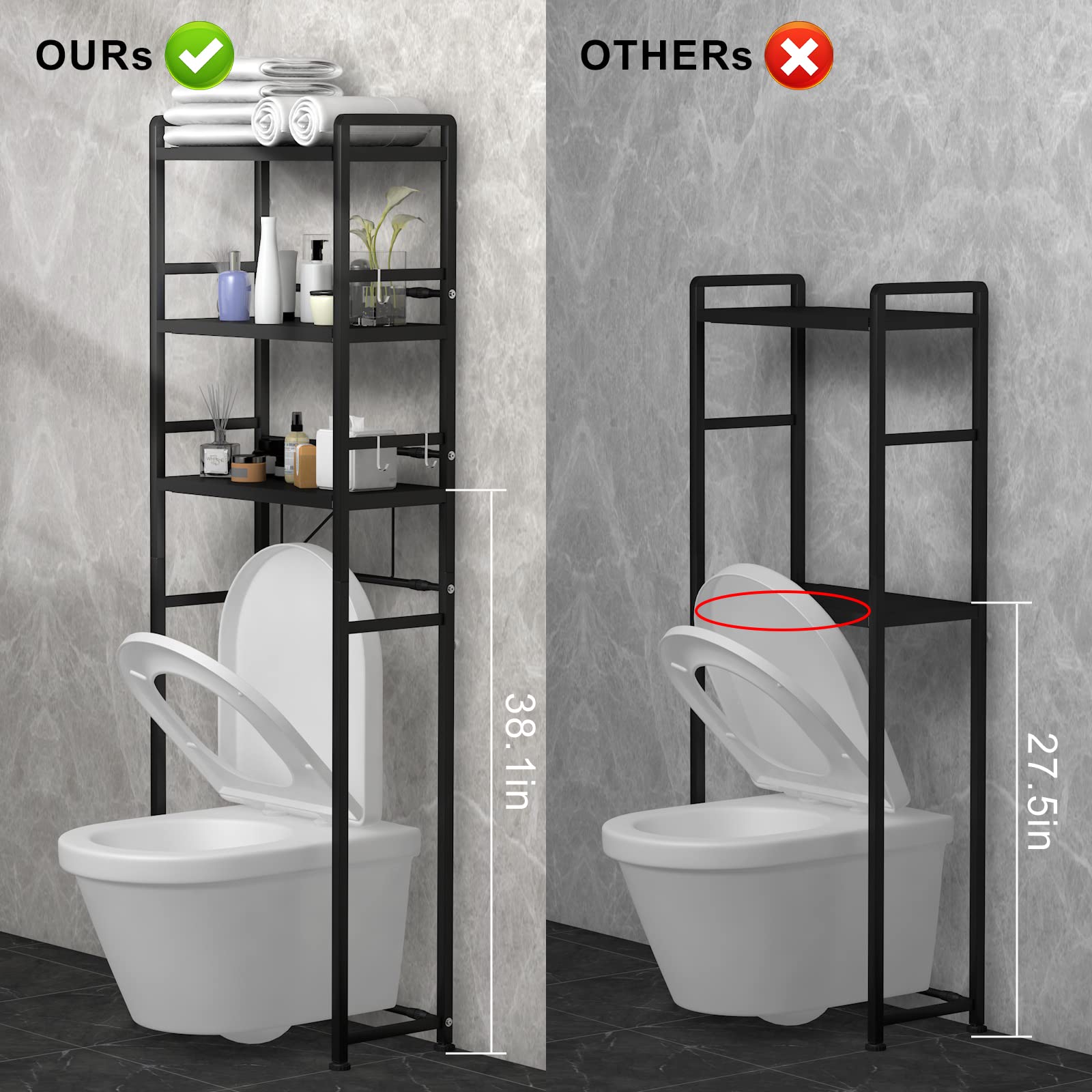 hanvate Over The Toilet Storage Cabinet with 3-Tier Adjustable Shelf, Carbon Steel Over Toilet Bathroom Organizer Rack with 3 Hooks, Space-Saving for Bathroom/Restroom/Laundry