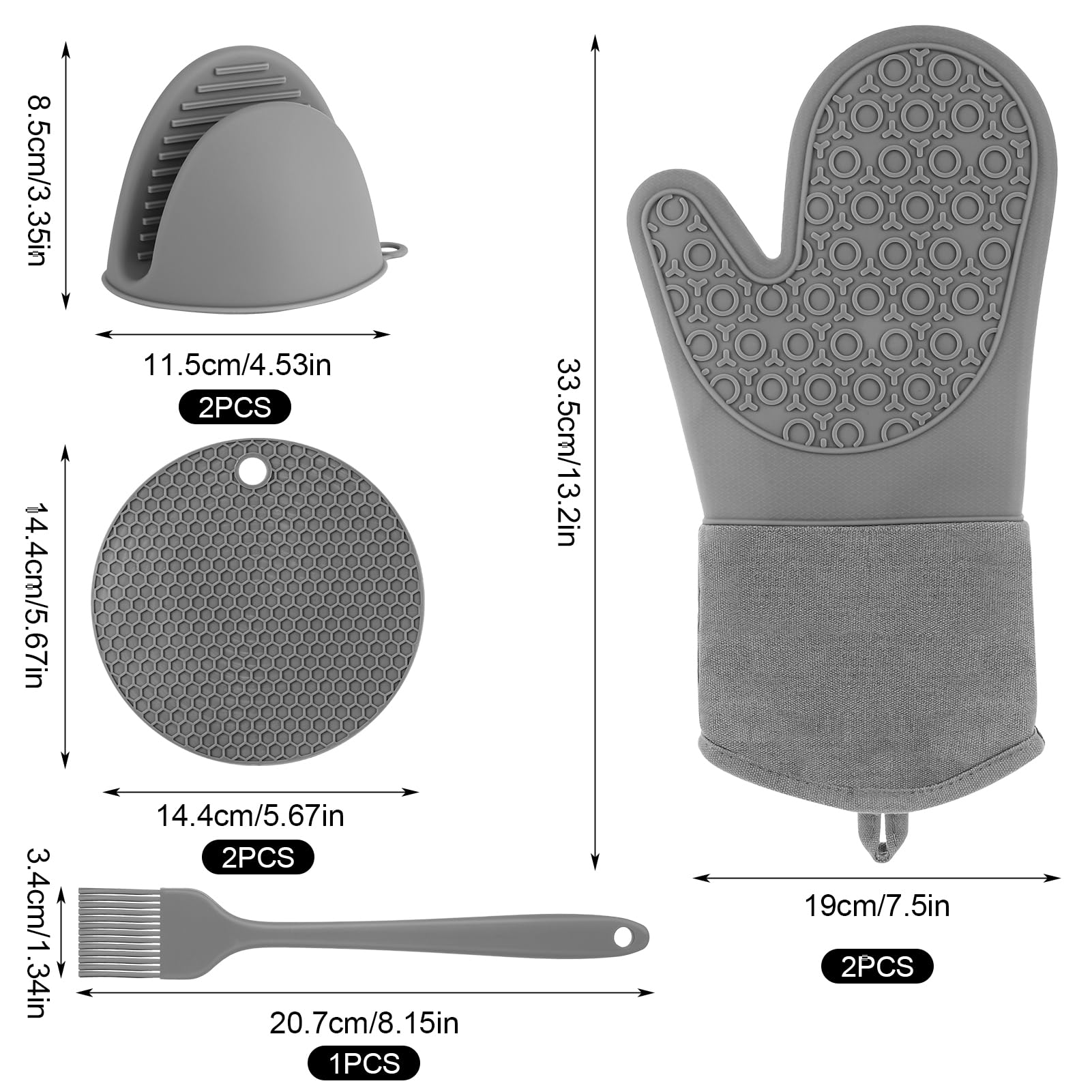 Guiqulai 7 Pcs Oven Mitts and Pot Holders Set, Extra Long Silicone Oven Glove, Heat Resistant Waterproof Kitchen Gloves, Kitchen Mittens with Mini Oven Gloves and Brush for Cooking Baking BBQ
