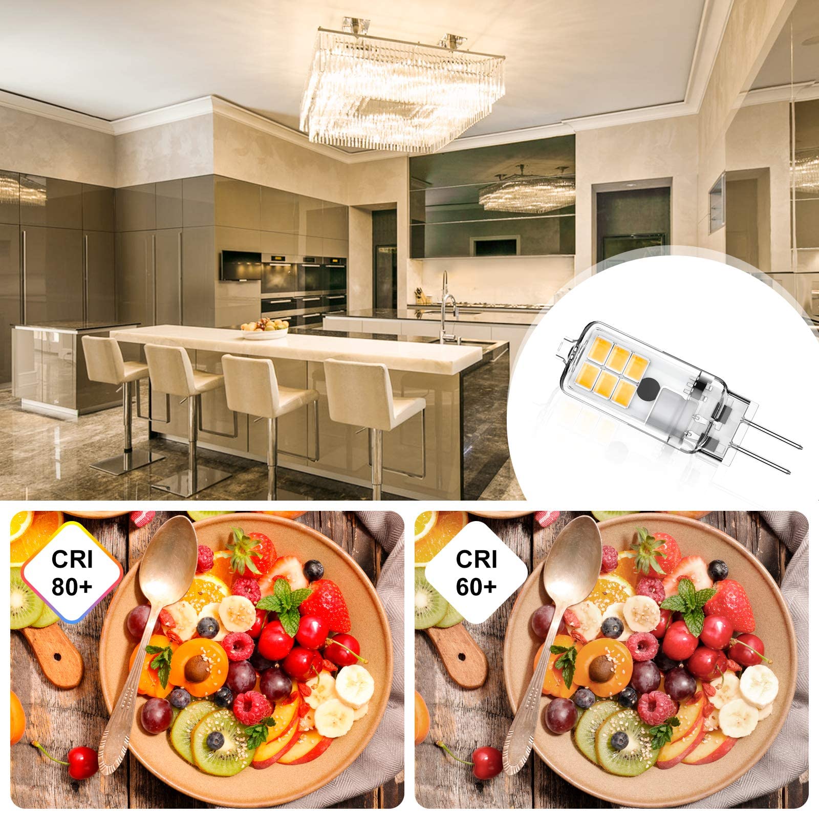 JandCase G4 LED Bulb, AC/DC 12V, 1.5W (20W Halogen Bulb Replacement), JC Type Landscape Bulb, Soft White 3000K, G4 Bi-Pin Light Bulbs for Under Cabinet, Range Hood, RV, Non-Dimmable, 5 Pack