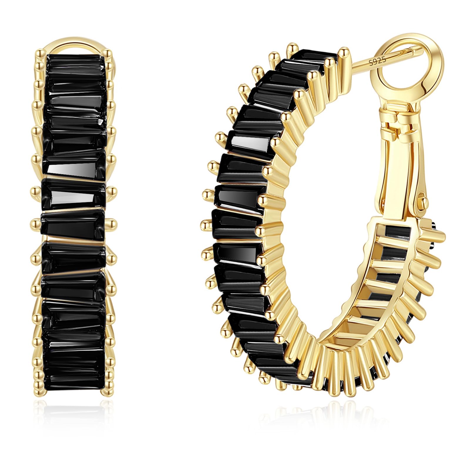 GLOQUAT CZ Gold Black Hoop Earrings 14K Gold Plated Hoop Earrings for Women Vintage Black Cubic Zirconia Hoop Earrings Fashion Round Circle Hoops Earrings for Women 25mm