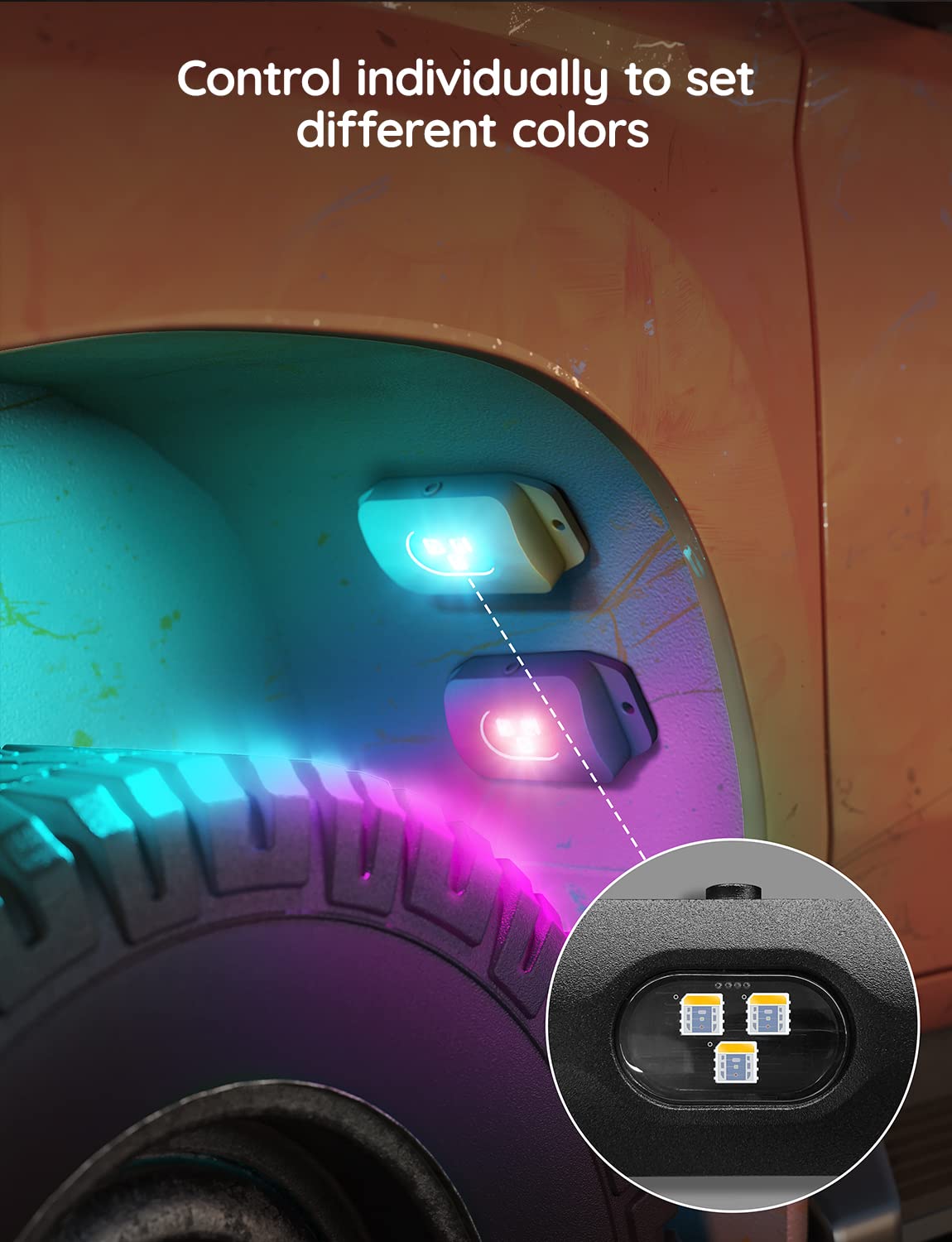 Govee Rock Lights with Smart APP Control, RGBW Underglow Car 64 Scene Modes, 4 Pods Warm White Under IP67 Waterproof and Reactive Music Mode for Cars, Trucks, DC 12V