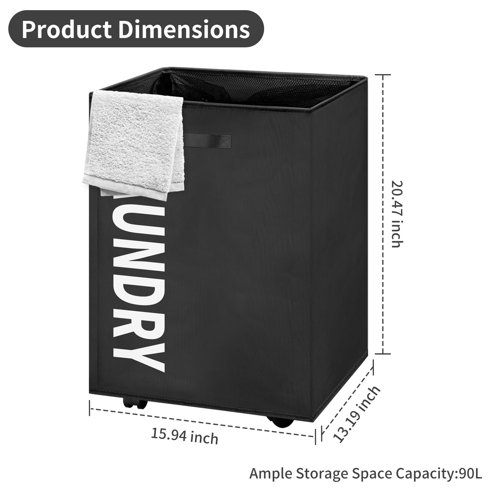 Rolling Laundry Hamper Slim Large, Oxford Cloth With Mesh Lining, Portable Stand, Stylish Minimalist Folding Storage Basket With Rollers (Black1)