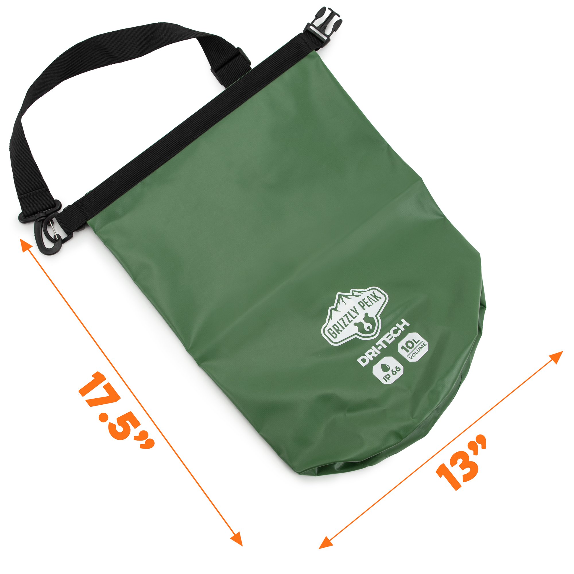 Grizzly Peak Dri-Tech Waterproof Dry Bag IP 66 Lightweight Roll-Top Sack with Adjustable Straps, 10 L
