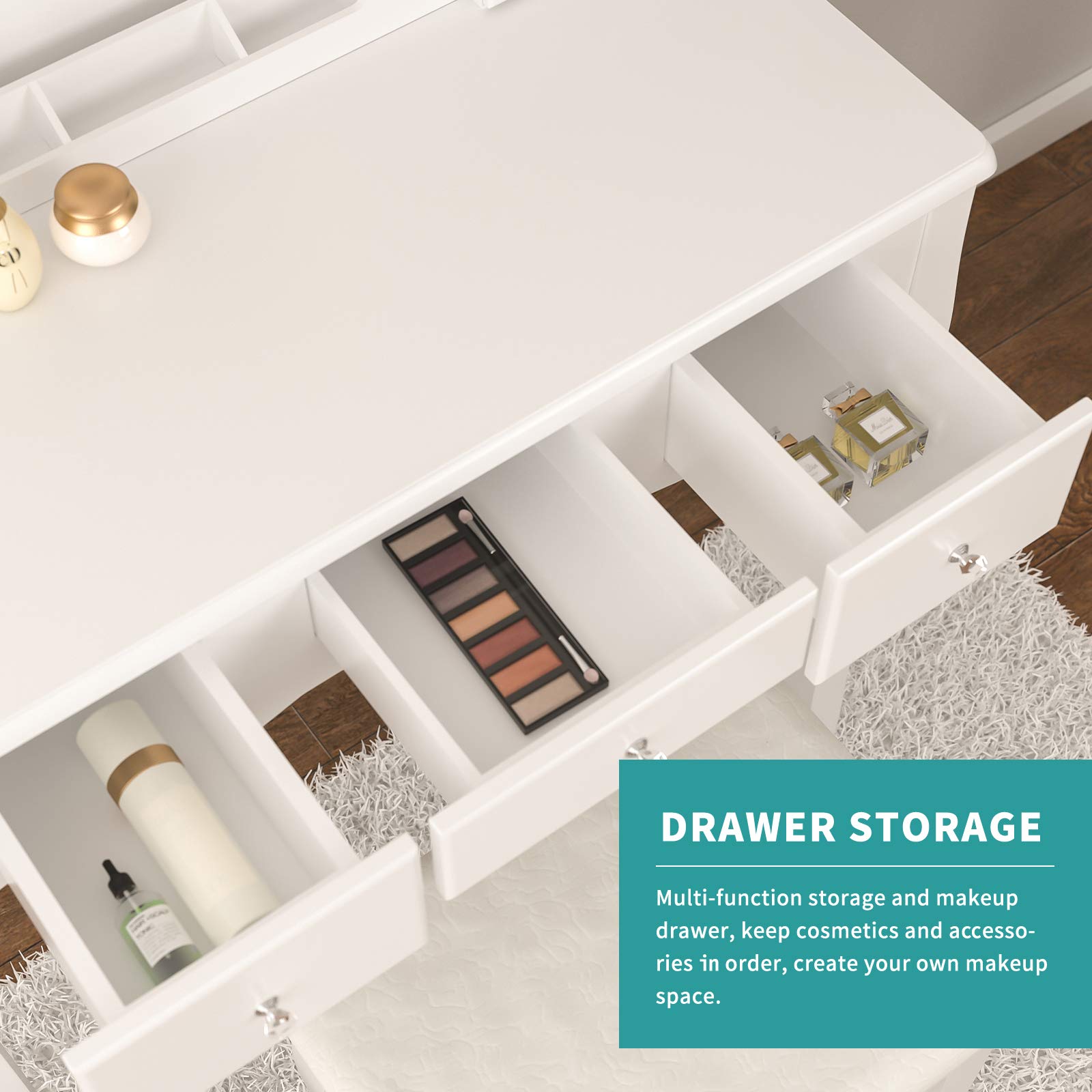 GinguoHome Vanity Set with Lighted Mirror Dimming, Makeup Vanity w/Touch Screen Switch,Dressing Table with Cushioned Stool&5 Drawers,3 Removable Dividers for Bedroom Vanity Desk White