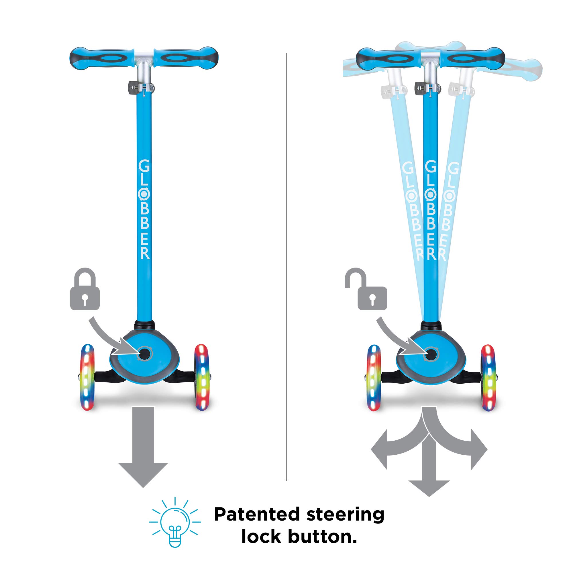 Globber - Primo Plus 3-Wheel Kids Kick Scooter - LED Light Up Wheels - Adjustable Height T-Bar - for Boys and Girls - Sky Blue