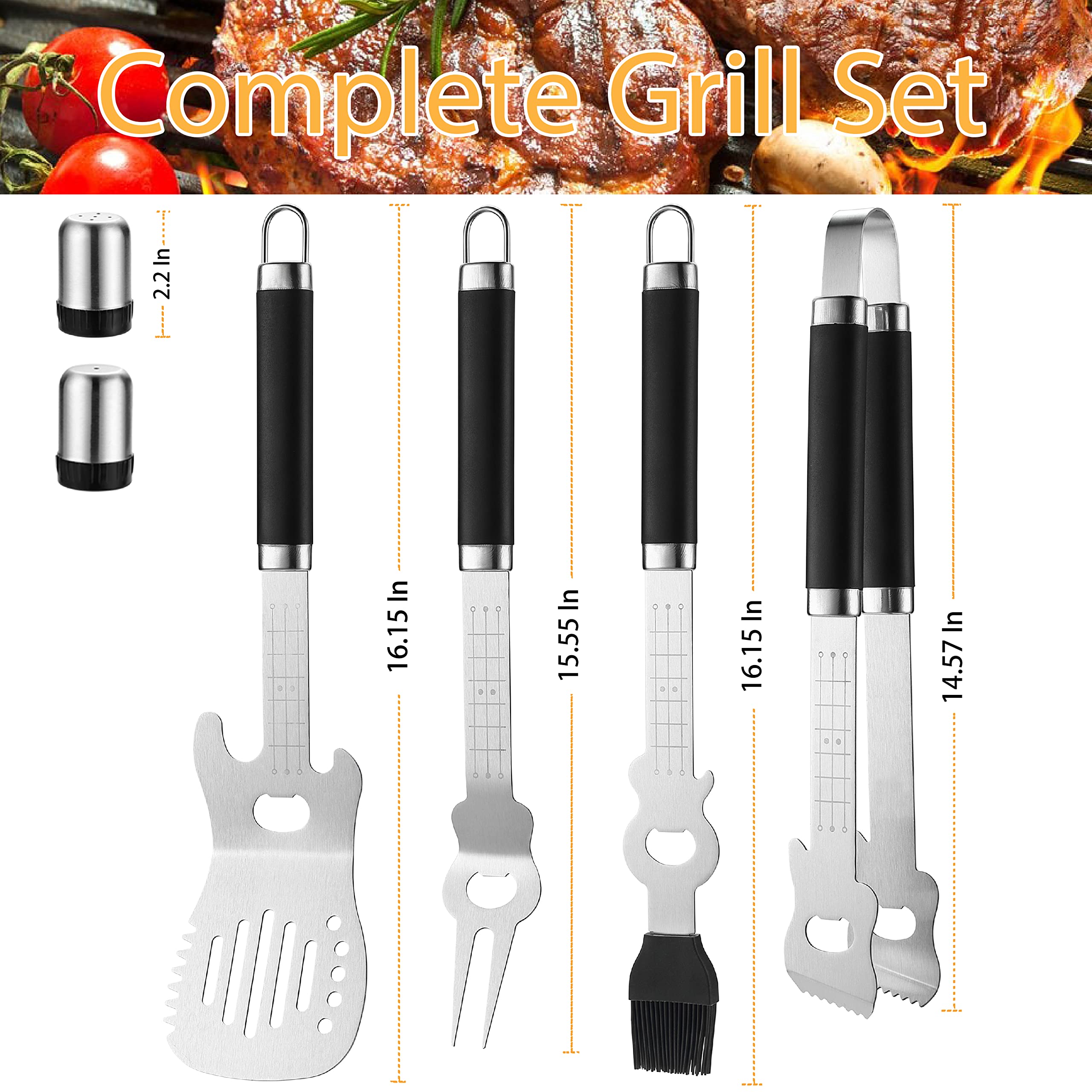 Grilljoy 7Pcs Guitar Style BBQ Tool Set with Long Handles-Heavy Duty Stainless Steel Grill Accessories with Spatula, Tongs, Brush and Fork for Music Lovers