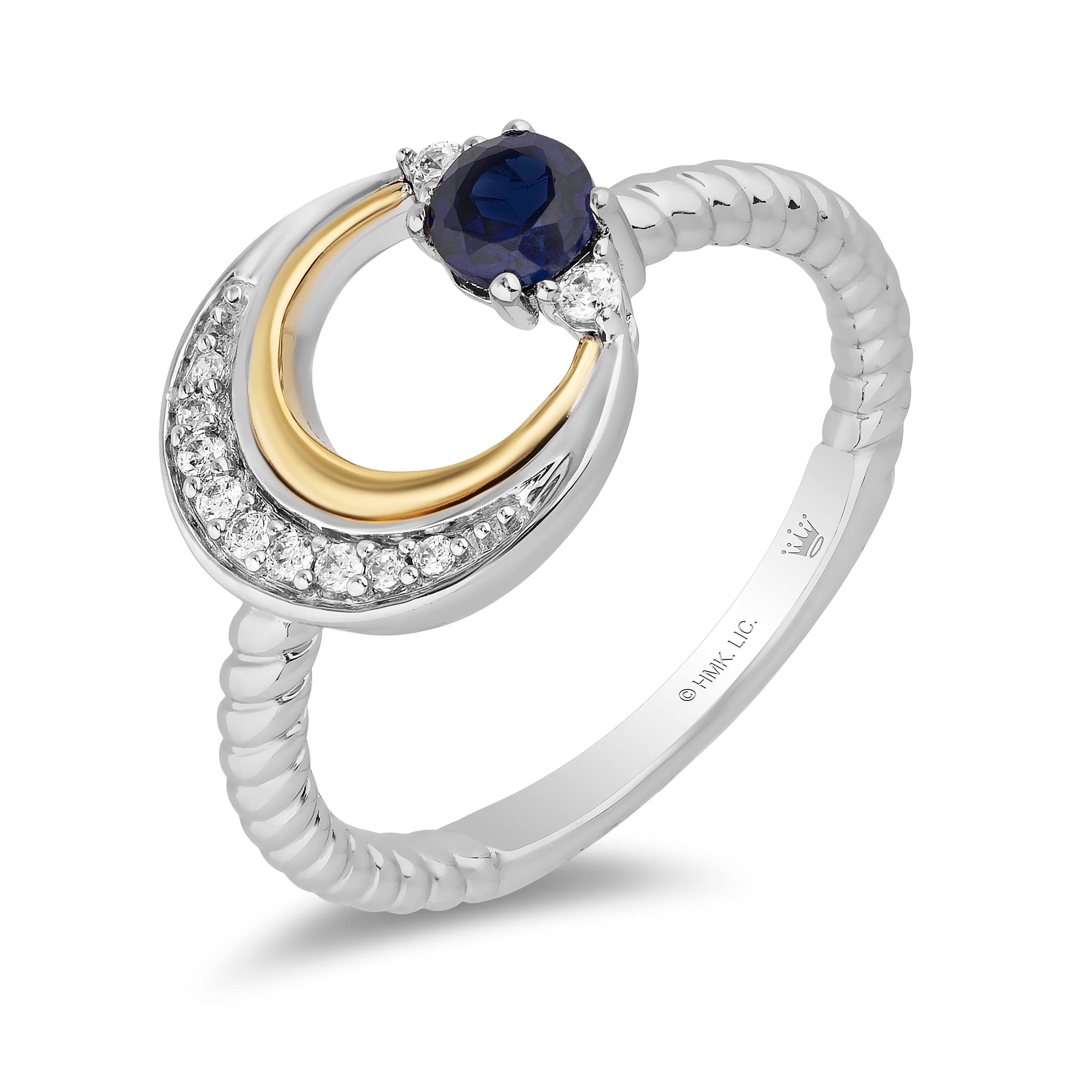 Jewelili Hallmark Fine Jewelry Sterling Silver and 14K Yellow Gold 4 MM Round Created Blue Sapphire and 1/10 Cttw Natural White Round Diamond Crescent Moon Ring, Size 8
