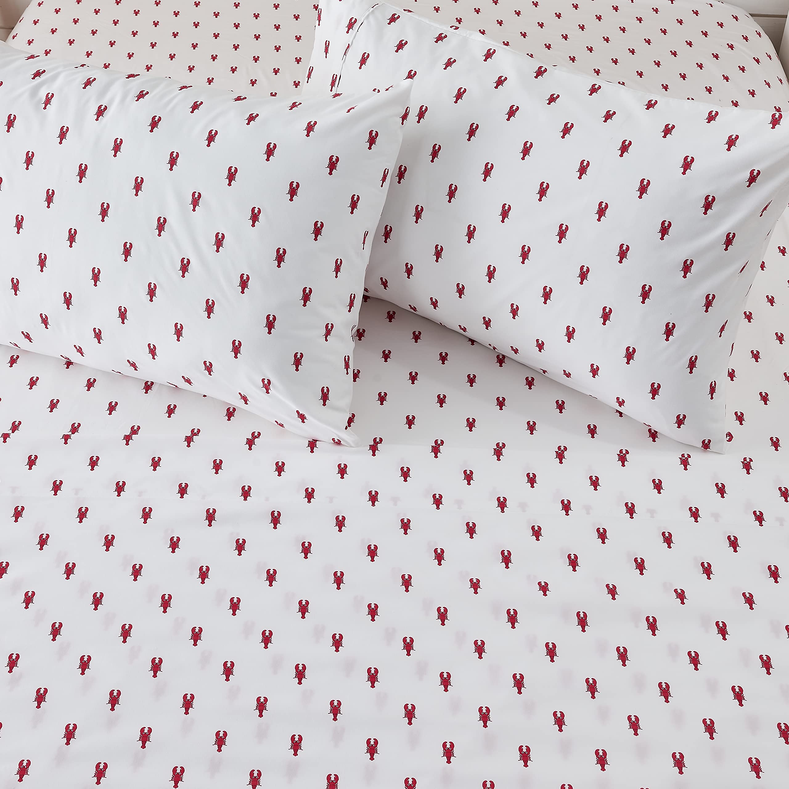 Great Bay Home 4-Piece King Coastal Microfiber Sheet Set | Nautical-Printed, Ultra-Soft Sheets | Wrinkle & Fade Resistant Beach-Themed Prints & Patterns Bedding Sheets & Pillowcases. (King, Lobster)