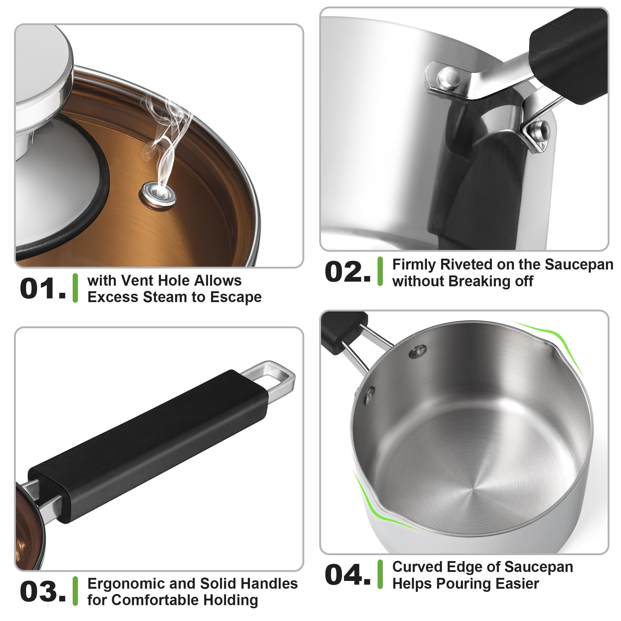 TeamFar 1 Quart Saucepan, Stainless Steel Tri-Ply Small Sauce Milk Pan with Heatproof Handle for Cooking/Boiling/Simmering, For Induction/Gas/Electric, Healthy & Heavy Duty, Dishwasher Safe