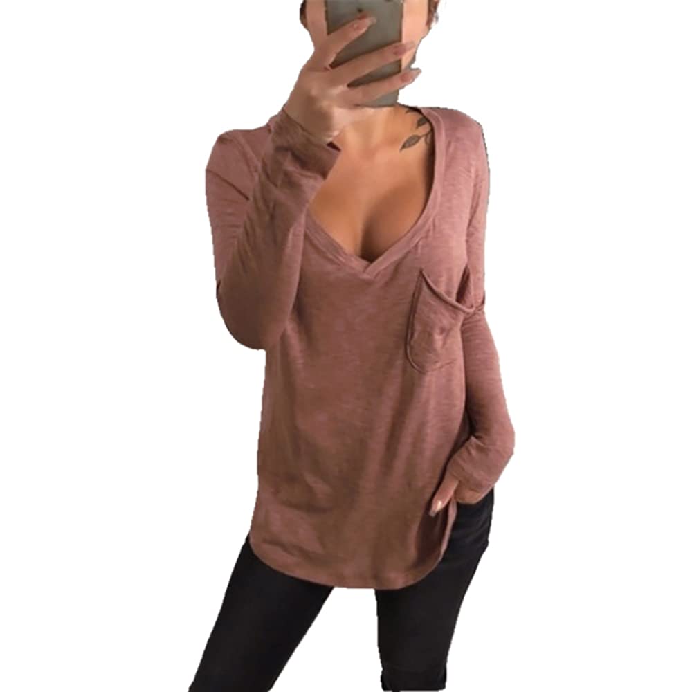 Janepam Womens Tops Shirt Solid Color Plain Long Sleeve Deep V-Neck Low-Cut Long Sleeve Pocket Base Layer Casual Blouse(A Caramel,XL)