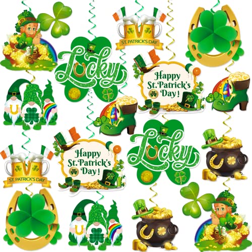 St Patricks Day Decorations Hanging Swirls 32 Pieces Green Lucky Irish Shamrock Clover Leprechaun Horseshoe Swirls Ceiling Decor for Saint Patrick Party Lucky Day Home Party Favors Supplies