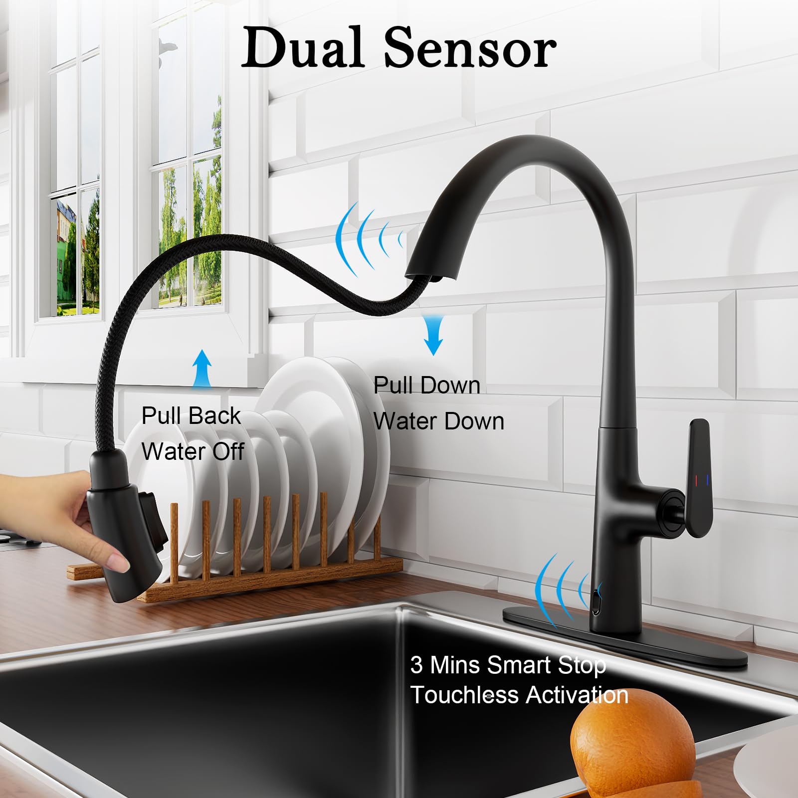 GIVINGTREE Dual Sensors Touchless Kitchen Faucet,One-Handle Pull Down Kitchen Faucet, 2 Mode Sprayer,Fingerprint Resistant, Dual Temp, American Standard braided hoses,Handle with 1/3 Hole Deck Plate