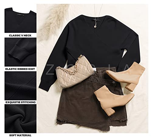 ZCSIA Women's Wrap V Neck Cropped Sweaters 2023 Fall Long Sleeve Cross Front Off Shoulder Solid Knitted Pullover Tops,Black,XLarge