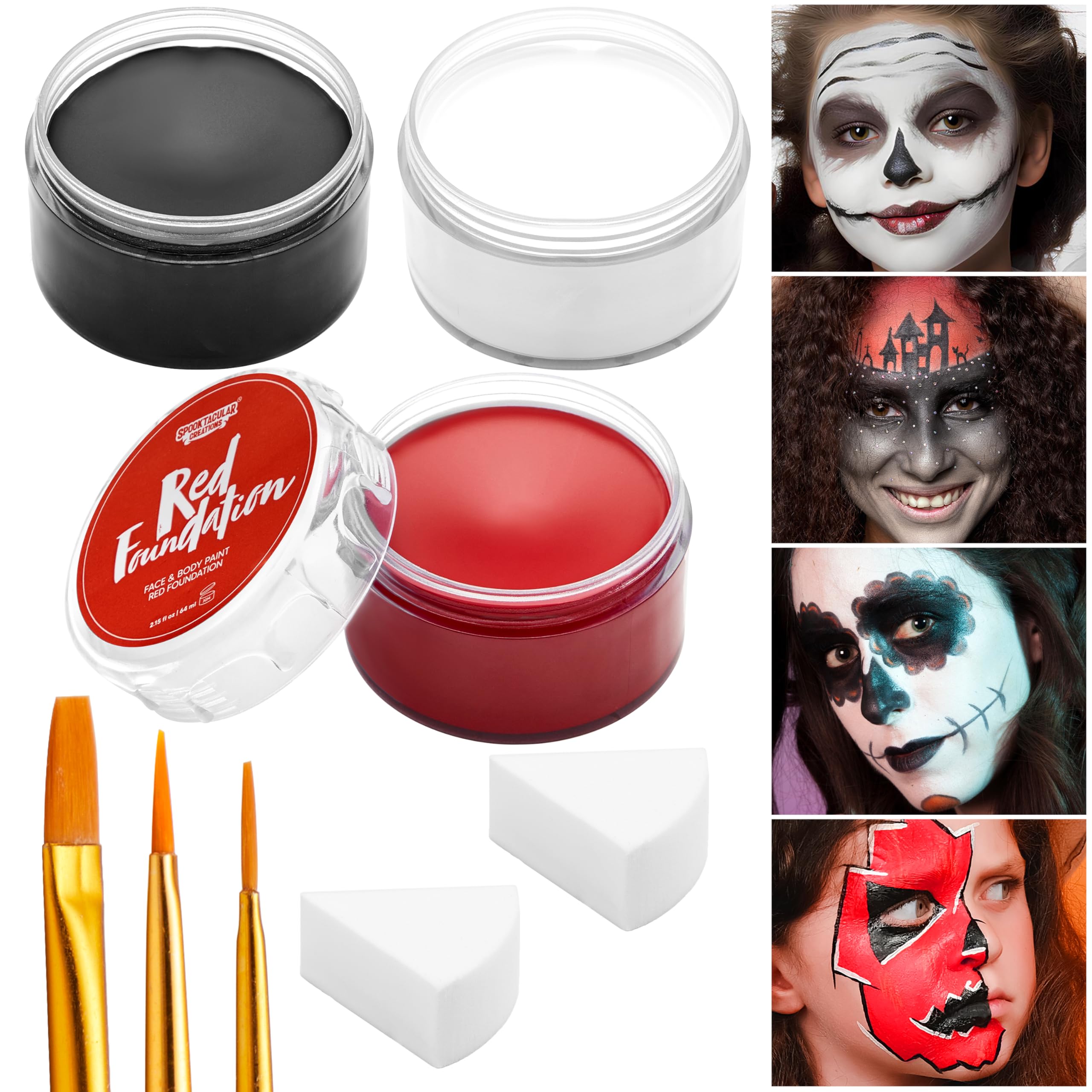 Spooktacular Creations 8 PCS Halloween Makeup Kit 3 Face Body Paint Oil Based Foundation Set with 3 Painting Brushes, 2 Sponges for Halloween Clown SFX Zombie Skeleton Cosplay( White Black Red )