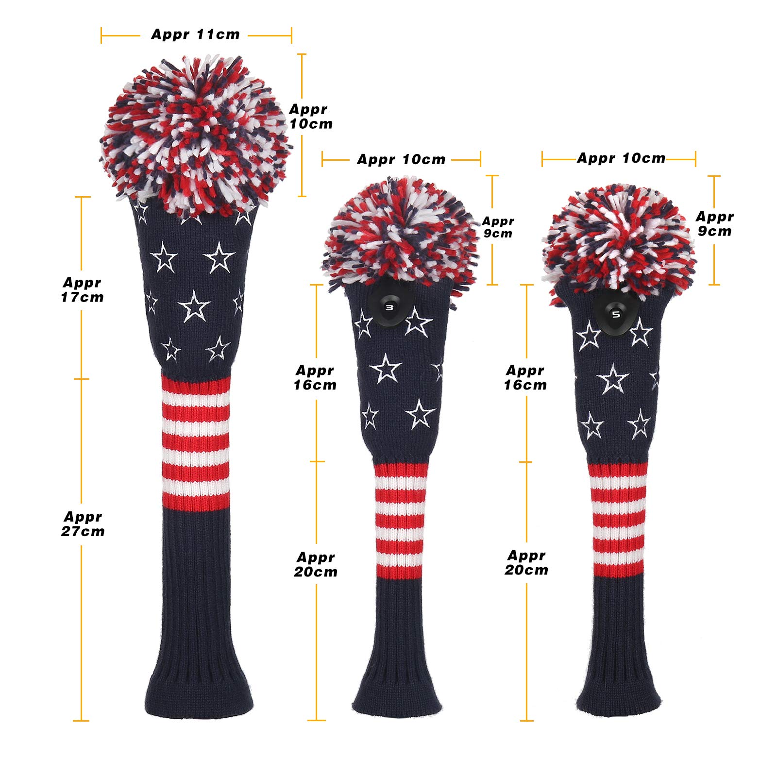 Golf Head Covers (3PCS) Driver Fairway #3#5 Knit Pom Pom White Blue Red USA Flag Desin with Number Tag