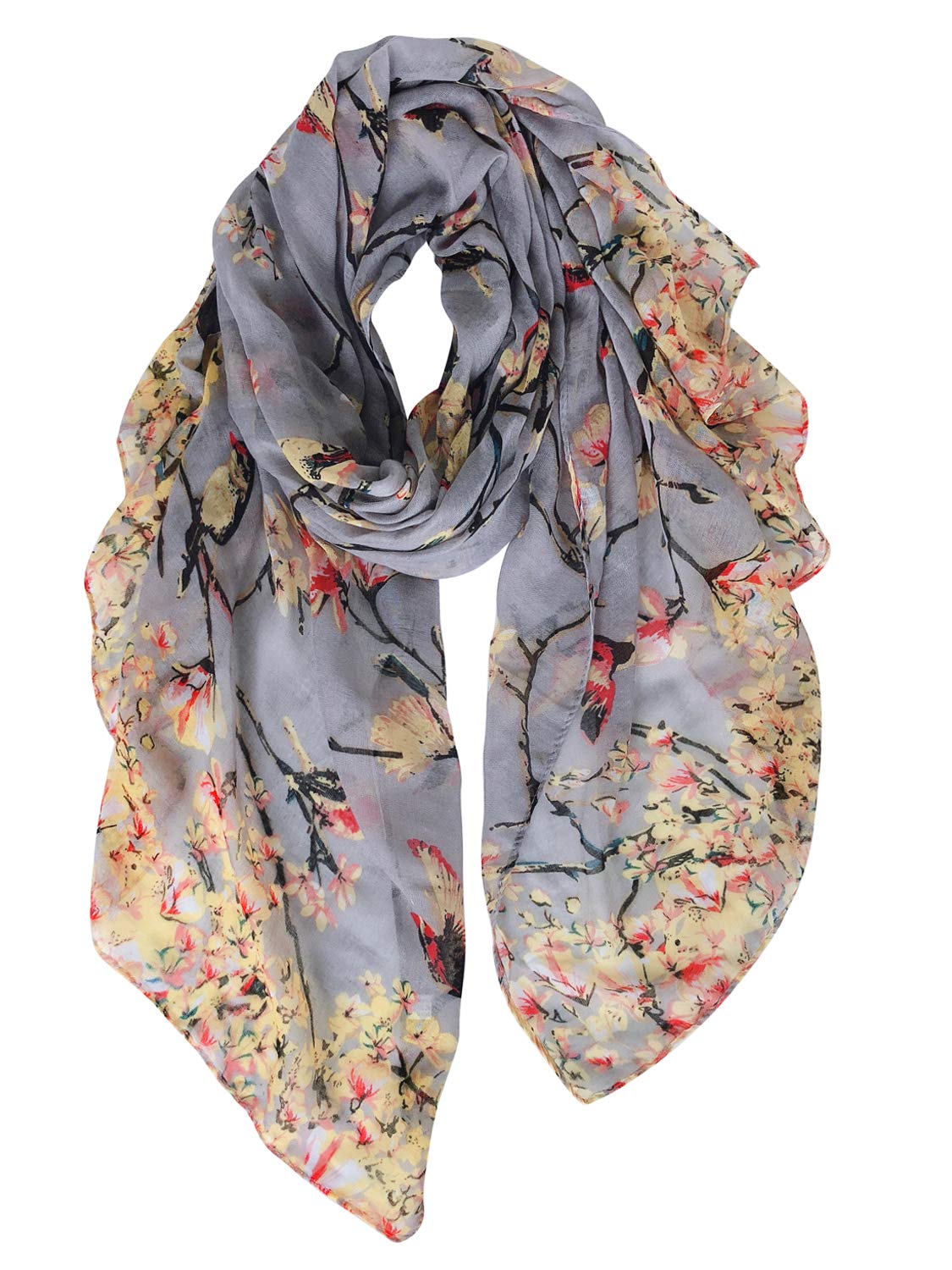 GERINLY Floral Birds Work Scarves for Womens Lightweight Cotton Shawls and Wraps Soft Thin Neckwear Head Scarf (Grey)