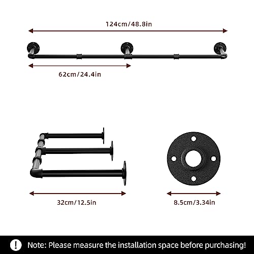 Vintage Clothes Rack, 48" Industrial Pipe Wall Mount Garment Rack, Space-Saving Heavy Duty Clothes Hanger for Closet Storage, 3 Bases, 1-Pack with 6 S-Hooks, Industrial Pipe Wall Mounted Closet Rod
