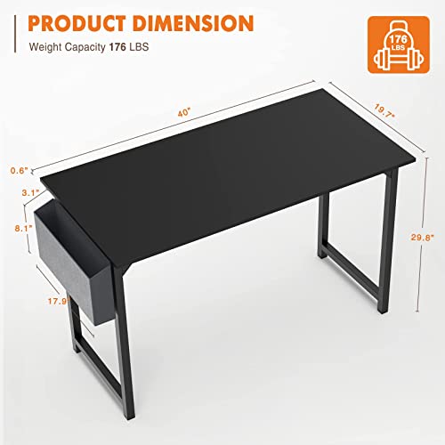 Sweetcrispy Small Computer Office Desk 40 Inch Kids Student Study Writing Work with Storage Bag & Headphone Hooks Modern Simple Home Bedroom PC Table