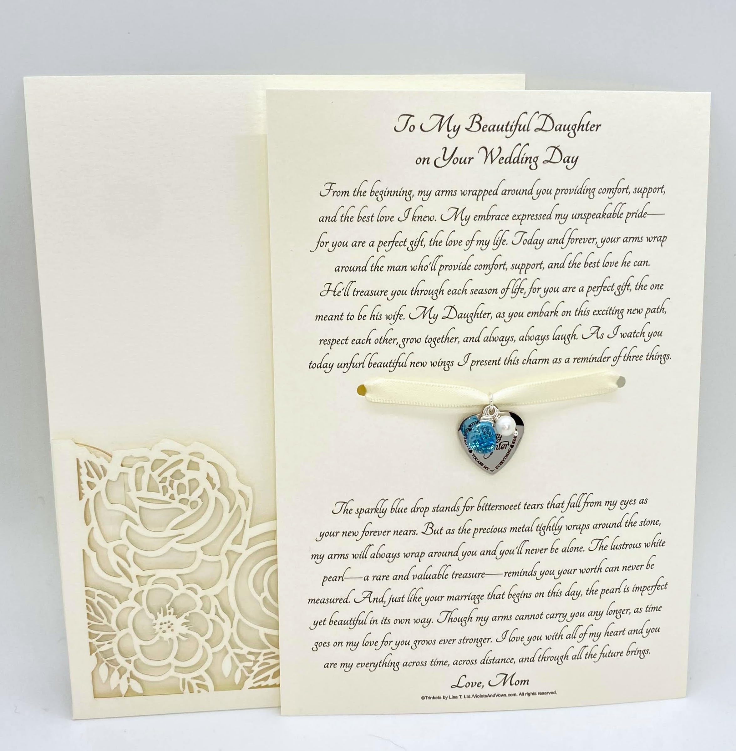 Gift for Daughter on Wedding Day-Bouquet Charm-Something Blue from Mom to Bride BCOW (Azure Blue, Send as Shown/Do not add custom names/date/closing)
