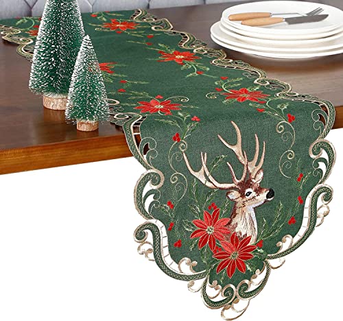 GRANDDECO Christmas holiday table runner 13X45 with Christmas deer and poinsettia crafts (Green, Table Runner 13X45(33X114cm))