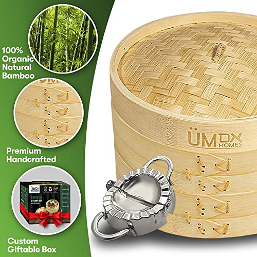 ÜM Homes 10 Inch Bamboo Steamer Basket, 2 Tier Basket Cooking Dumplings, Vegetable, Steamer Dim Sum, 2 Pairs of Chopsticks, 2 Sauce Trays, 2 Reusable Silicone Liners, 1 Steaming Ring, 1 Dumpling Maker