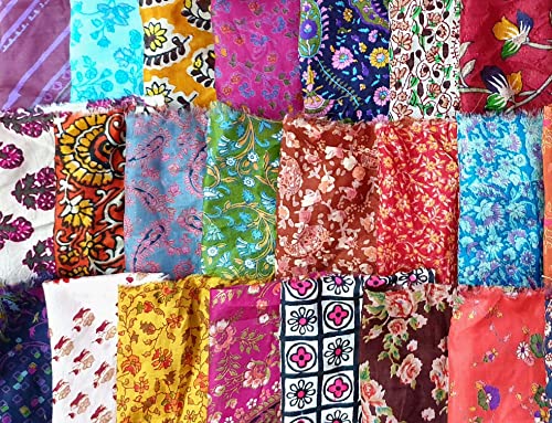 Vintage Fabrics Crafts Saree Silk Remnants DIY Scraps Fabric Sari Fabric Material 50 Small Pieces Small Floral Pieces for Art and Craft Scrapbook Art Doll Junk Journal