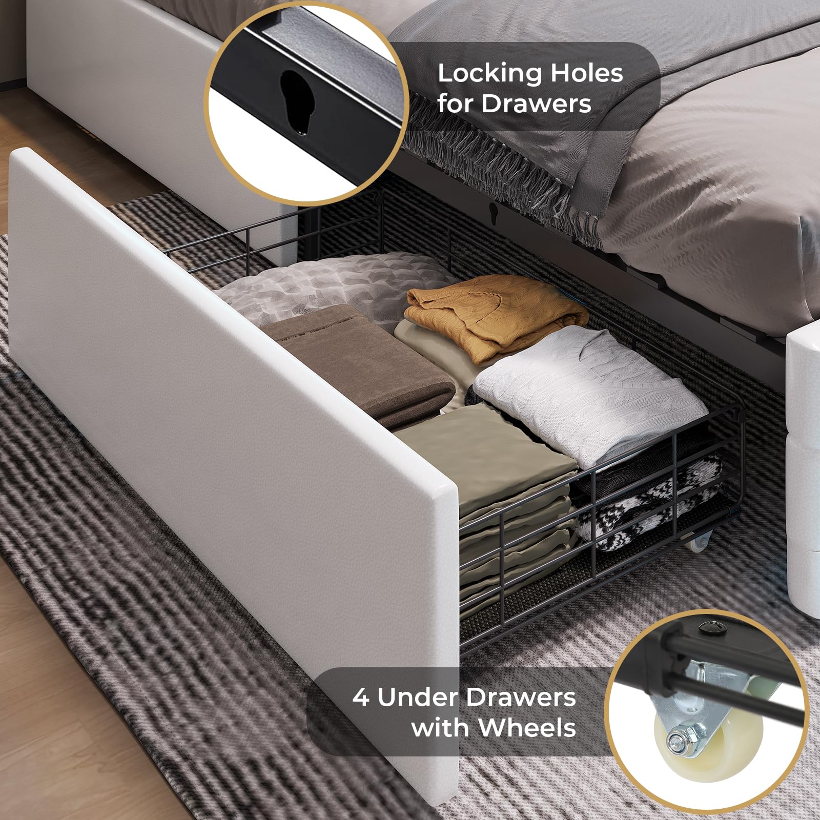 HAUOMS King Bed Frame with LED Lights Leather Platform Bed with Storage Drawers and Charging Station, LED Bed Frame King Size with Adjustable Headboard, No Box Spring Needed, White