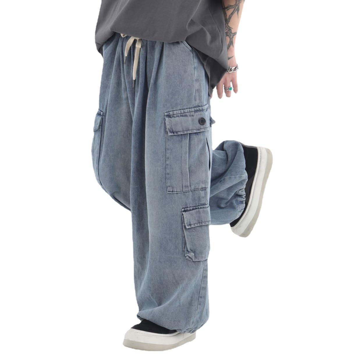 Grunge Emo Pants Y2K Baggy Jeans Fairycore Clothing Acubi Fashion Denim Cargo Sweatpant for Women Alt Goth Clothes (Blue,L)