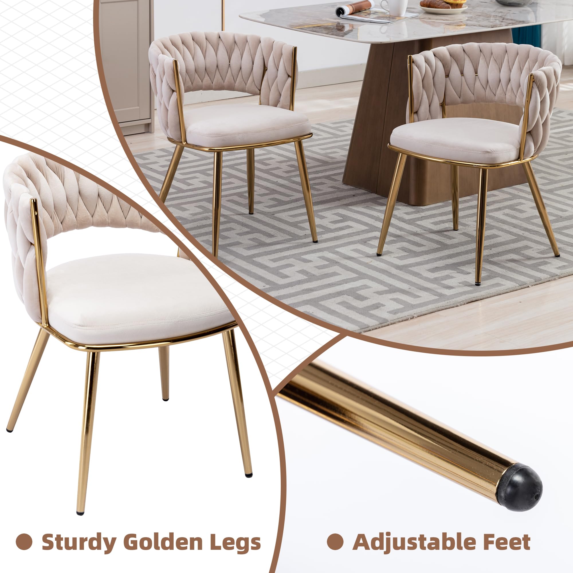 GOOLON Woven Dining Chairs Set of 2, Velvet Upholstered Dining Room Chairs, Tufted Chairs with Tall Round Comfy Backrest Comfortable Armrest Golden Sturdy Metal Legs for Kitchen Black