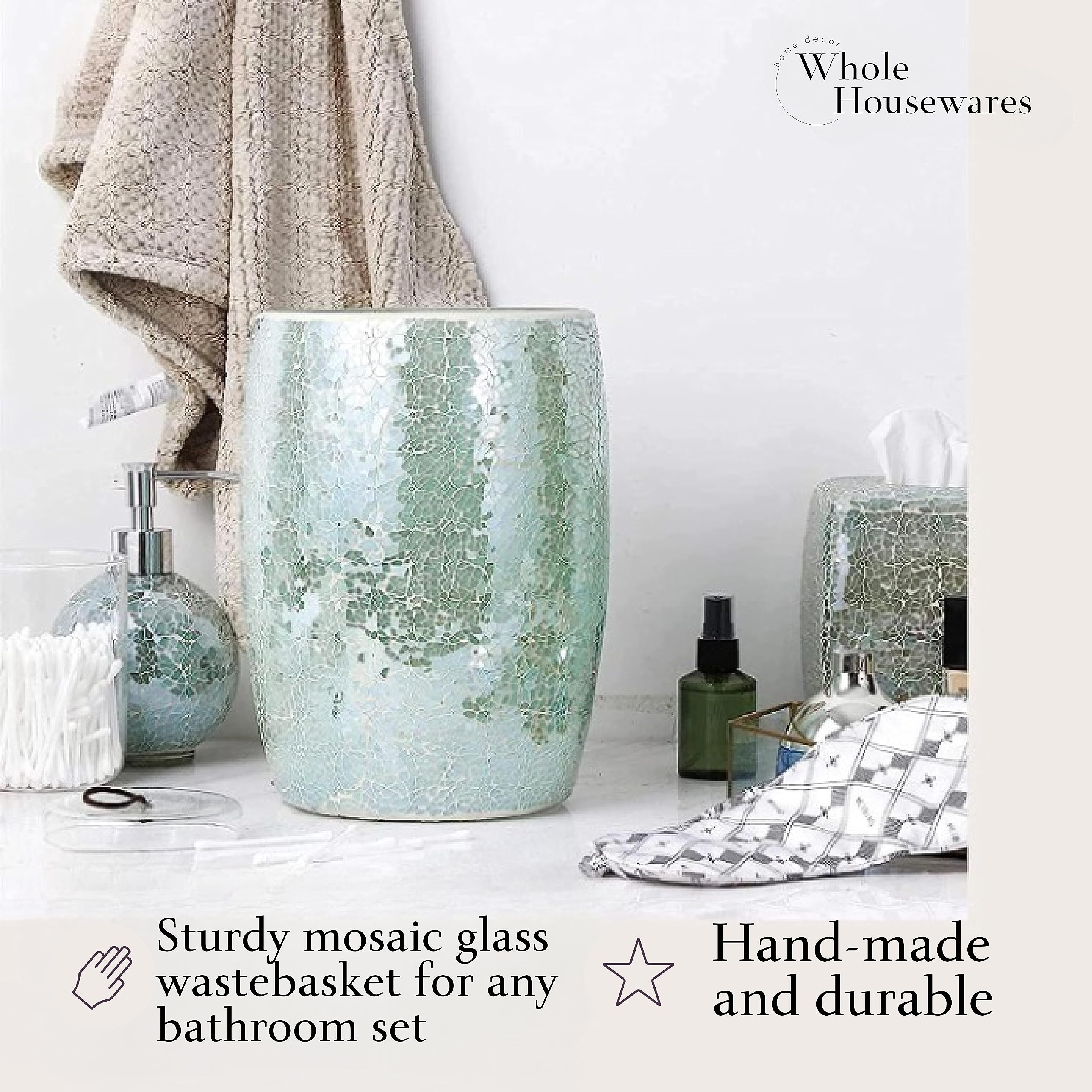 WHOLE HOUSEWARES Mosaic Wastebasket - Glass Decoration Bathroom Trash Can - Shiny Finish Bathroom Accessory - 7.5" x 10" - Turquoise