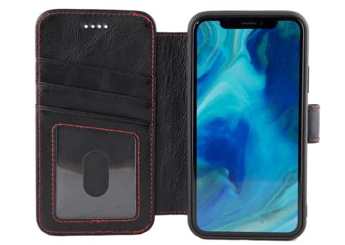 Wilken iPhone 13 Mini Leather Wallet Case with Detachable Magnetic Phone Case | Compatible with MagSafe and All Wireless Charging Accessories | Genuine Leather Magnetic Wallet Case | (Black, 13 Mini)