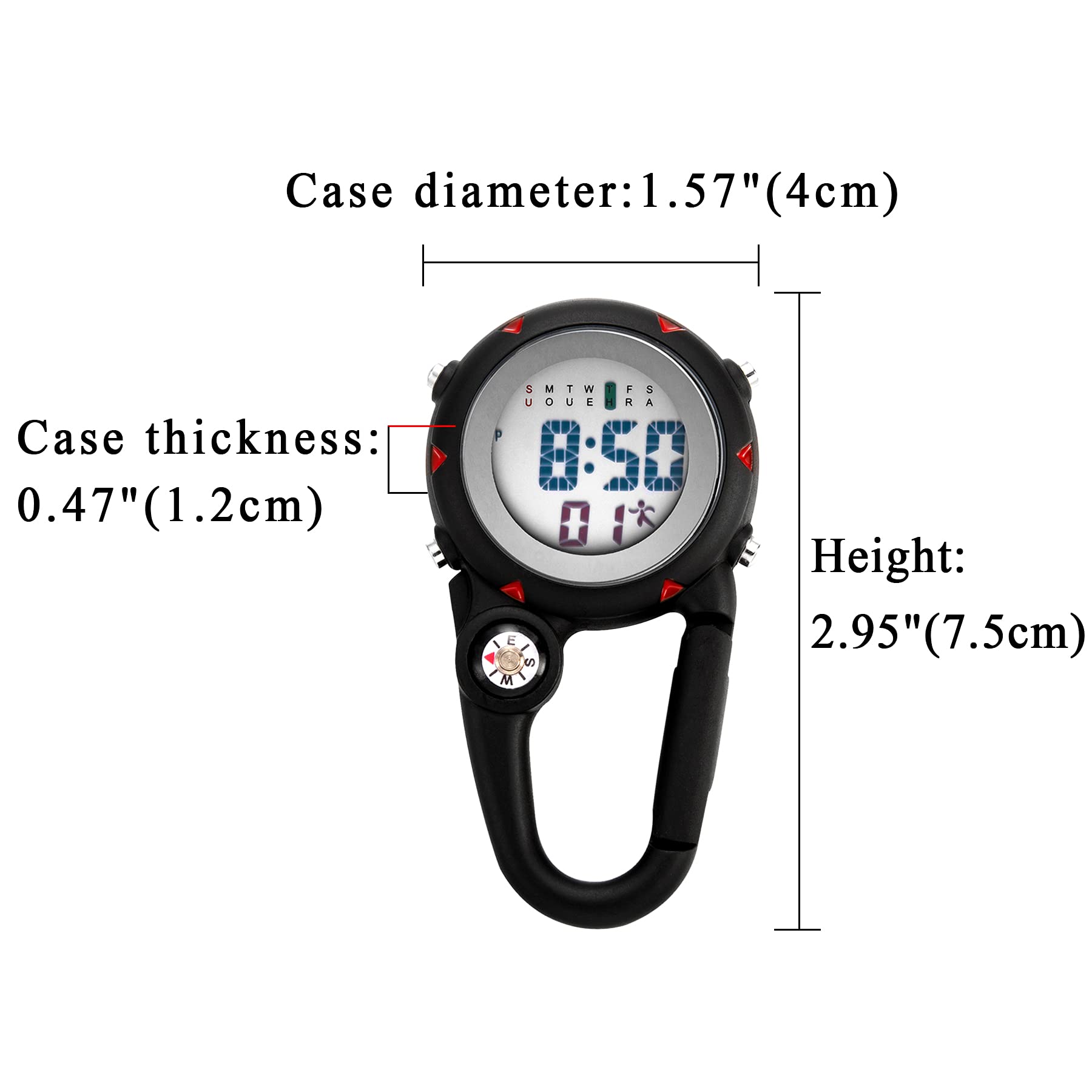 JewelryWe Men Women Black Digital Clip Watch Mini Microlight Watch Backpack Buckle Belt fob Watch for Rock Climbing Doctors Nurses Chefs
