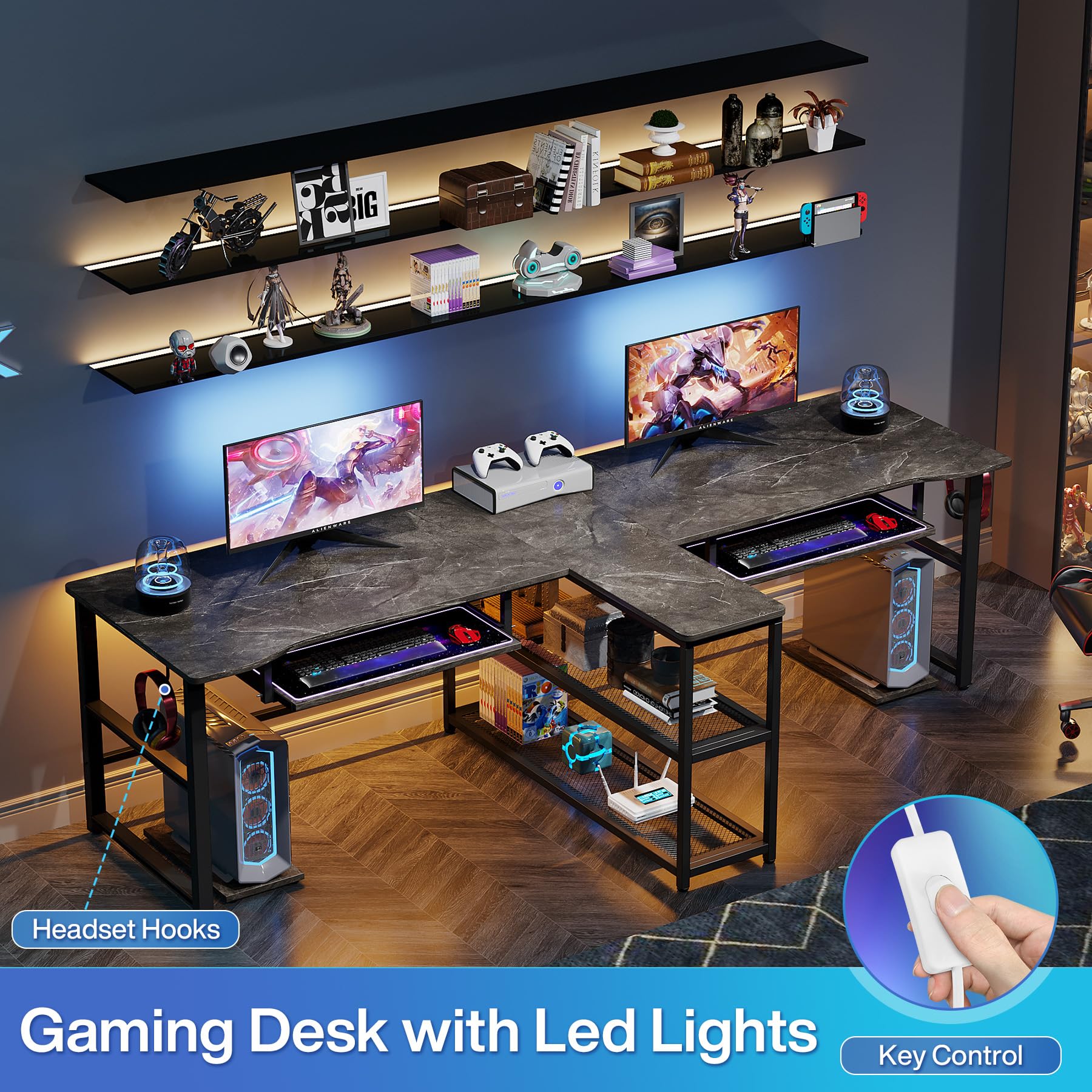 Tribesigns 94.5 inch Two Person Desk with Keyboard Tray, Extra Long Home Office Desk with Storage Shelves and Hooks, Double Computer Desk Workstation Study Table for Two People