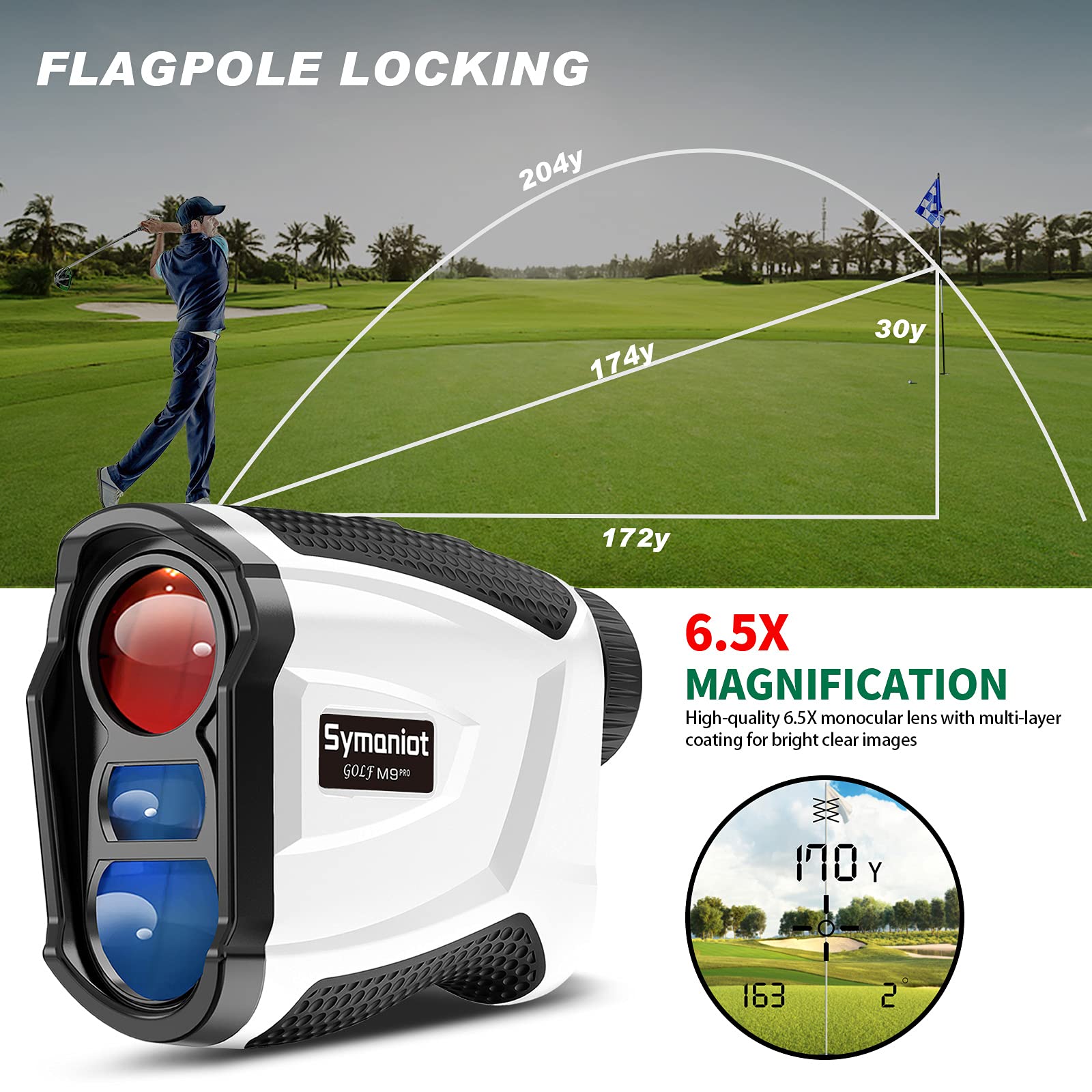 Golf Rangefinder, Laser Rangefinder with Slope, Symaniot Laser Rangefinder for Golf, Magnetic with Keyring and Storage Box, 6.5 Times, ranging from 5 to 900 Yards for Hunting & Golfing