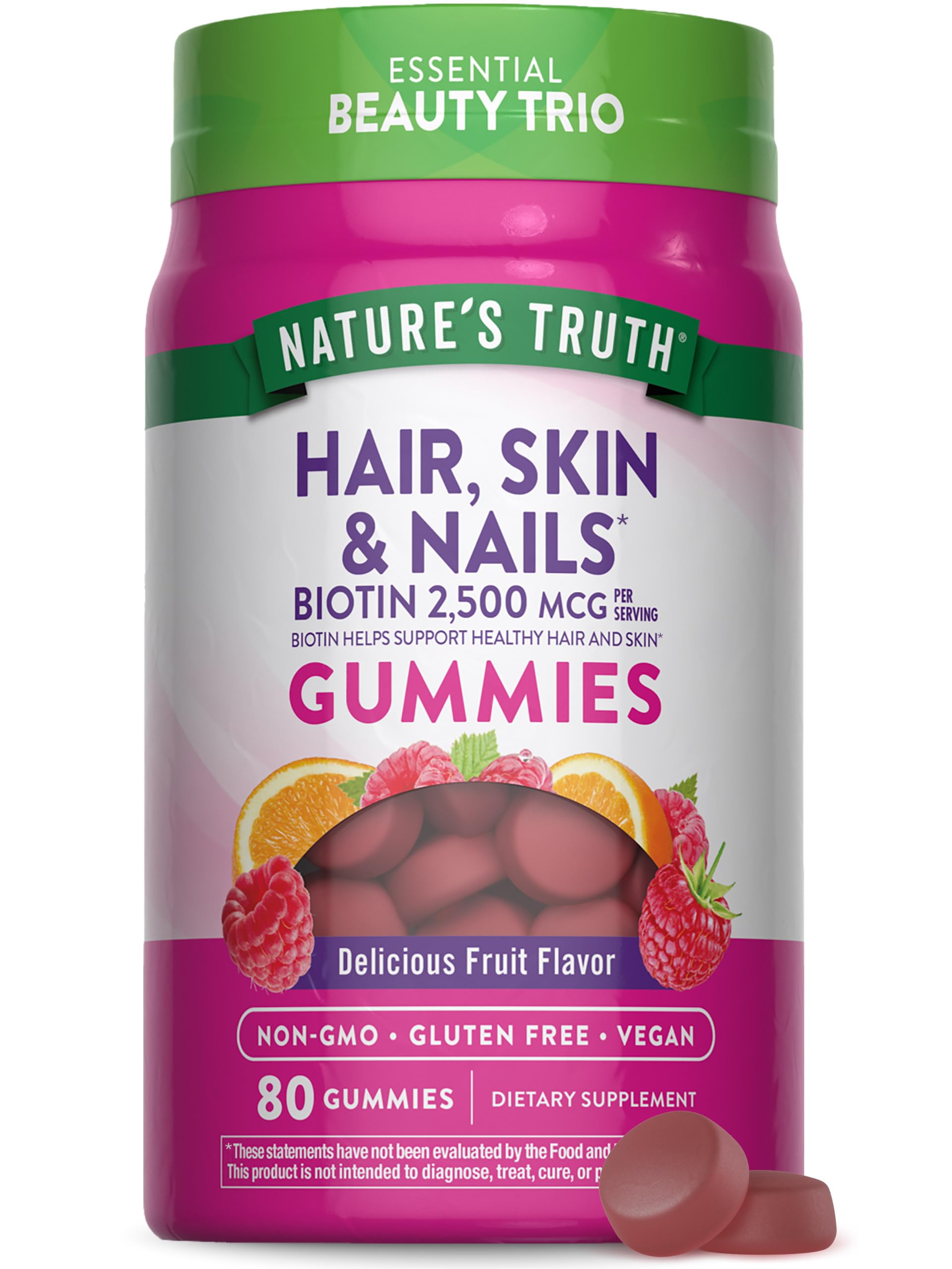Hair Skin and Nails Gummies | 80 Count | 2500mcg of Biotin | Vegan, Non-GMO, Gluten Free Supplement | Vitamin for Women & Men | by Nature's Truth