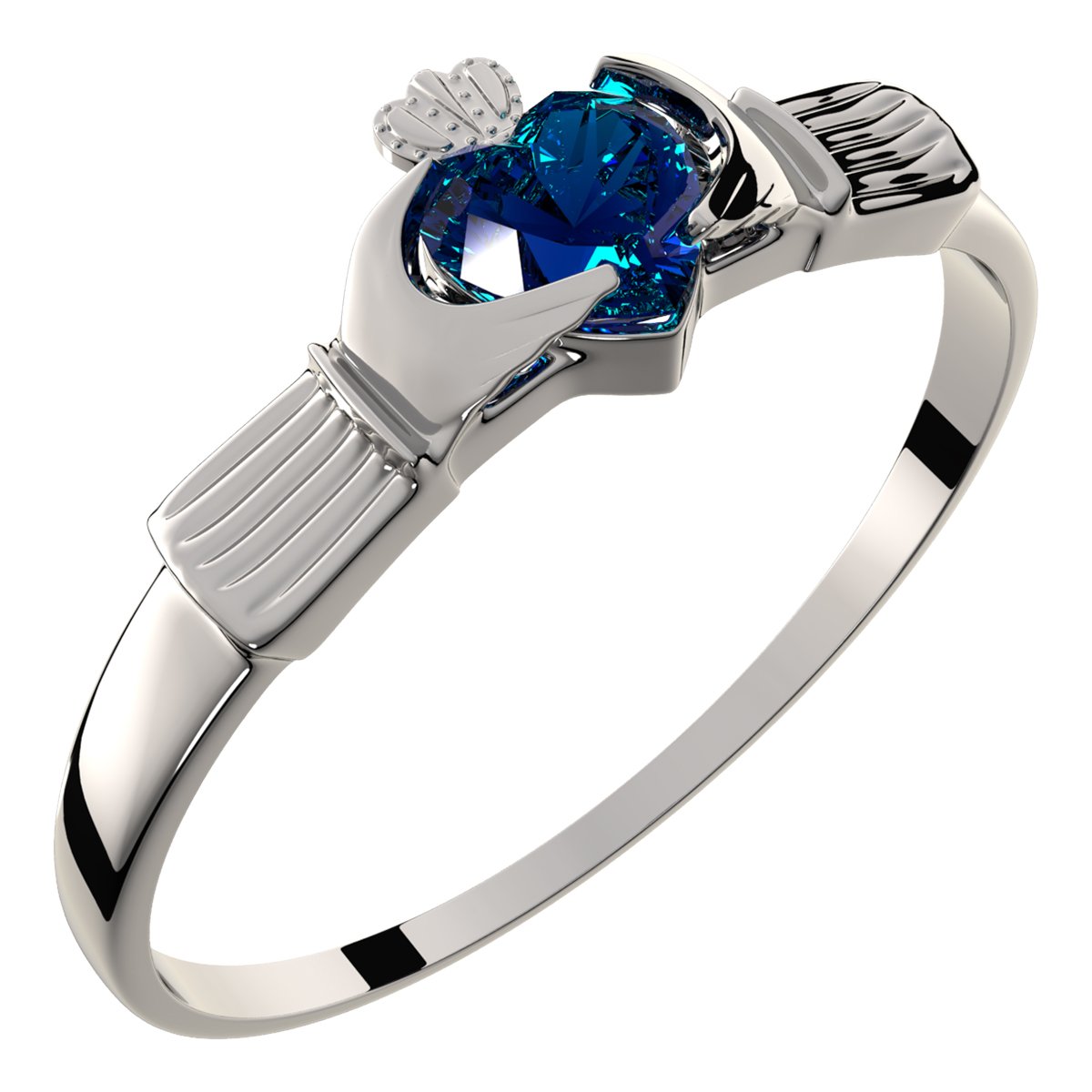 GWG Women's Rings Gift Sterling Silver Claddagh Ring with Heart Shaped Sapphire Blue Zircon Stone under Crown - 8 for Women