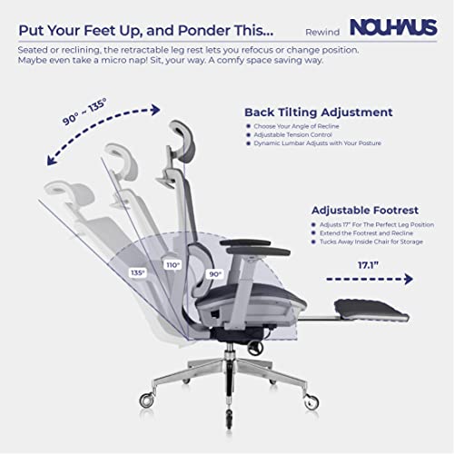 Nouhaus Rewind Ergonomic Office Chair with Footrest and Lumbar Support. Swivel Computer Chair, Rolling Home Office Desk Chairs with Wheels, Mesh High Back Task Chair, Comfortable Office Chair (Grey)